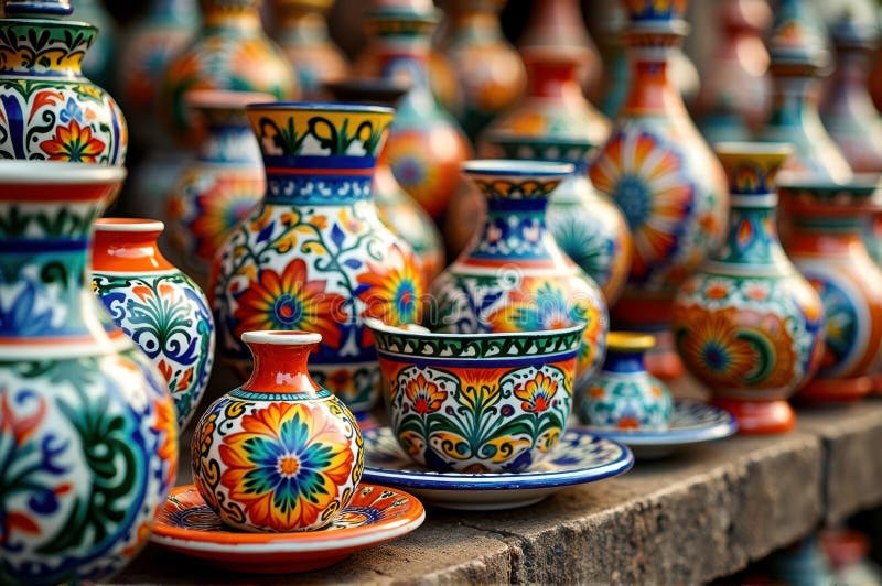 Colorful Mexican Pottery Display with Intricate Floral Patterns and ...