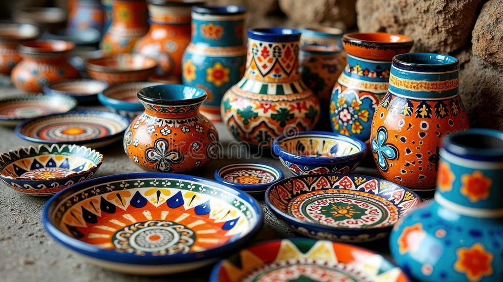 Colorful Mexican Pottery Display with Intricate Hand-painted Patterns ...