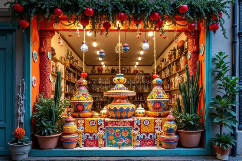 Colorful Mexican Pottery Shop Front Display with Ornate Ceramic Pots ...