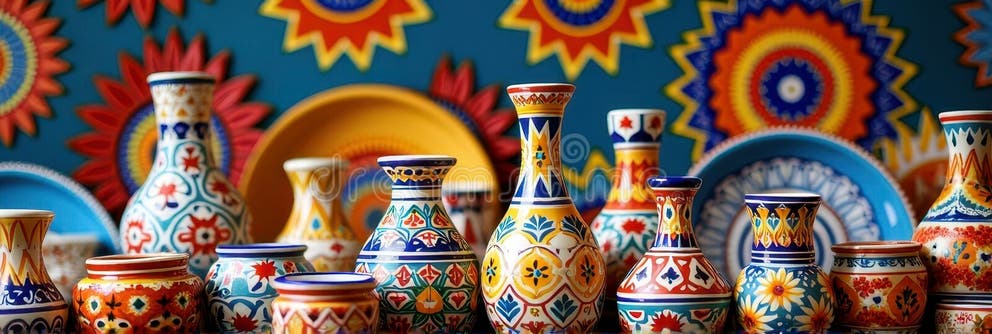 Colorful Mexican Pottery with Vibrant Patterns and Traditional Designs ...