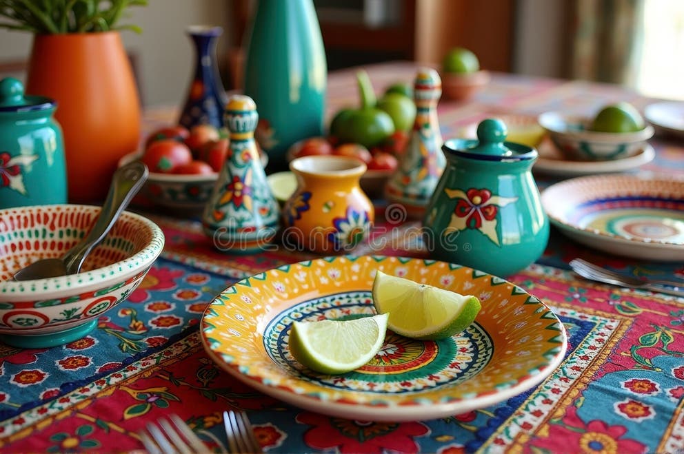Colorful Mexican Table Setting with Lime Slices and Vibrant Ceramics ...