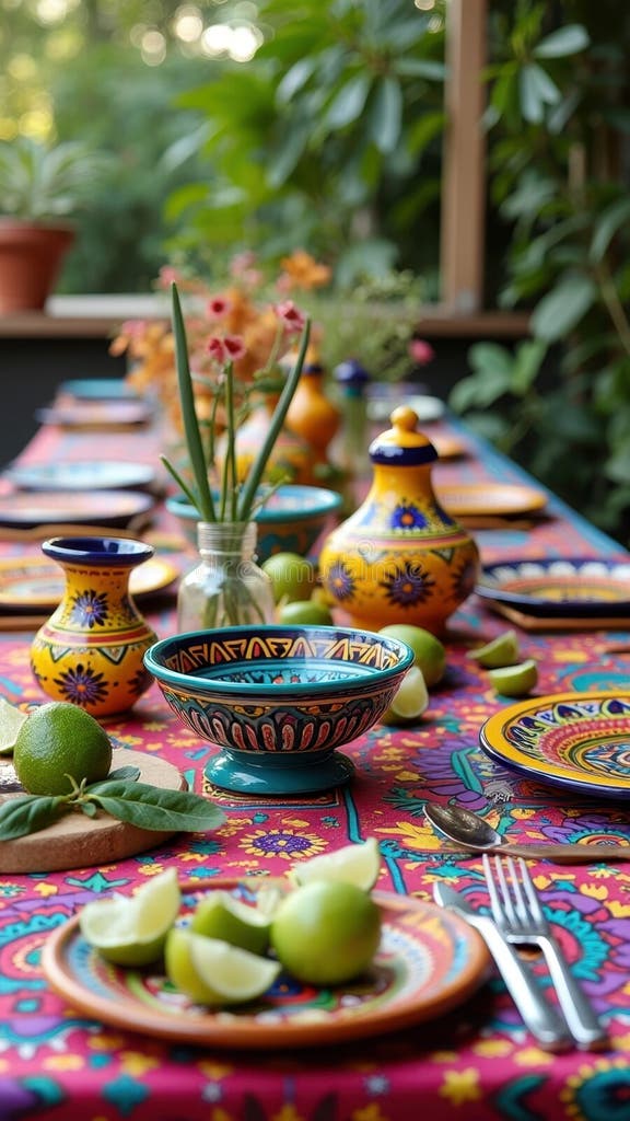 Colorful Mexican Table Setting with Vibrant Pottery and Fresh Limes ...