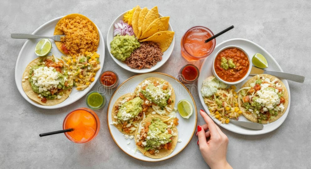Colorful Mexican Taco Feast with Refreshing Drinks and Sides on a ...
