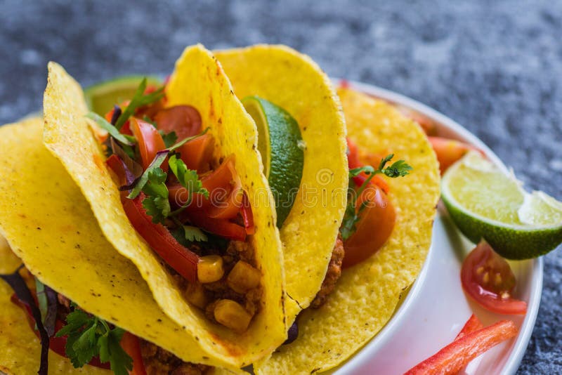 Colorful Mexican Tacos in Shells on Gray Background Stock Image - Image ...