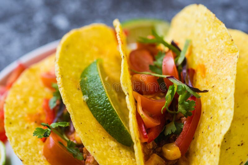 Colorful Mexican Tacos in Shells on Gray Background Stock Photo - Image ...