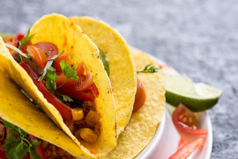 Colorful Mexican Tacos in Shells on Gray Background Stock Photo - Image ...