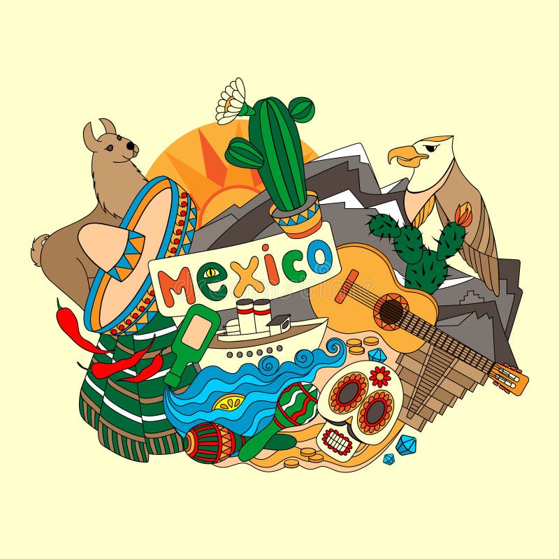 Colorful mexico set. stock vector. Illustration of cactus - 67609657