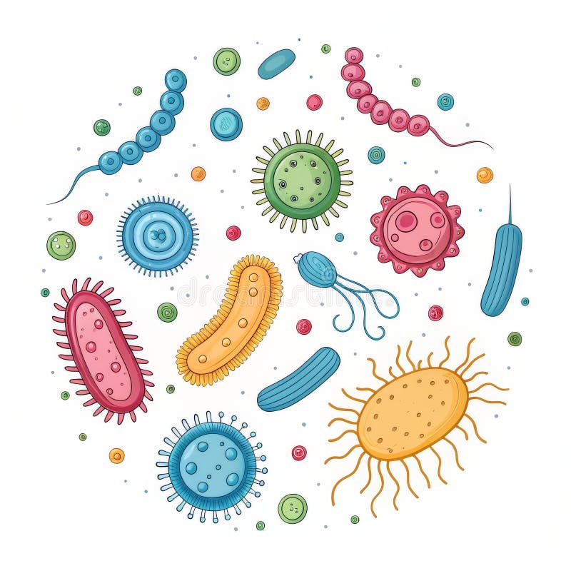 Colorful Microbe Illustration Circular Composition of Bacteria and ...