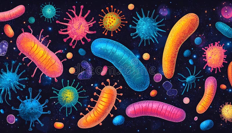 Colorful microbes in space stock illustration. Illustration of medical ...