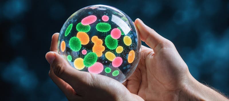 Colorful Microbiome Microbes in Glass Sphere Held by Hands Stock ...
