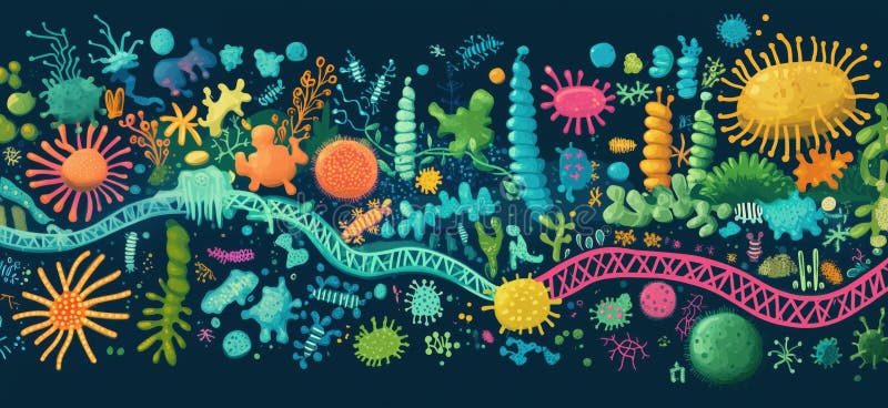Colorful Microorganisms and DNA Illustration Featuring Diverse Bacteria ...