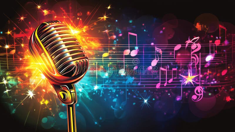 Colorful Microphone with Musical Notes and Vibrant Background Stock ...
