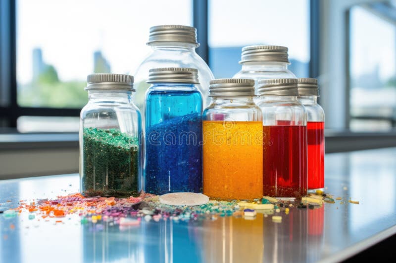 Colorful Microplastics Collected in a Glass Jar on a Lab Table Stock ...