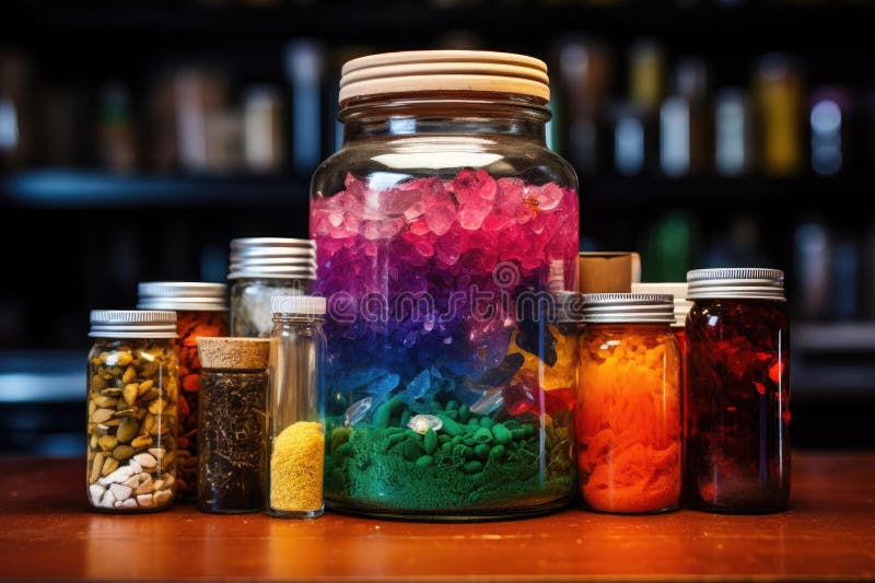 Colorful Microplastics Collected in a Glass Jar on a Lab Table Stock ...