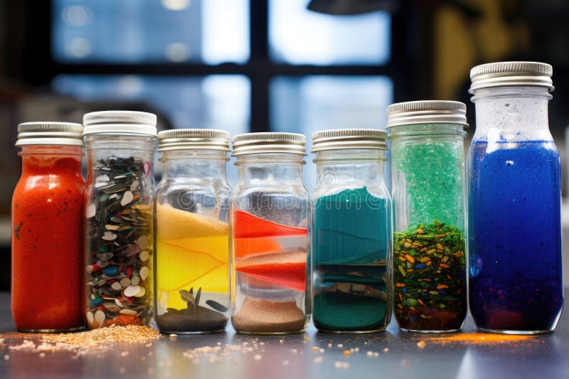 Colorful Microplastics Collected in a Glass Jar on a Lab Table Stock ...