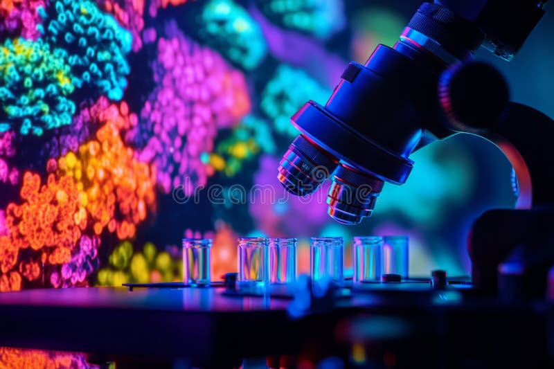 Colorful Microscope in a Vibrant Lab Setting. the Bright Hues Create a ...