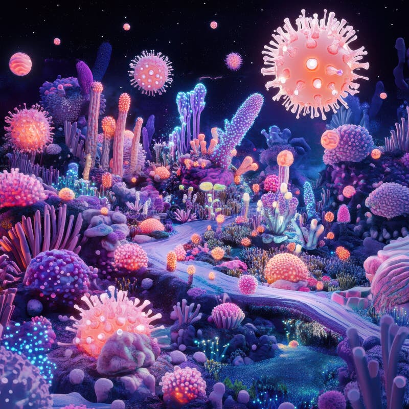 Vibrant Microscopic Landscape Filled with Glowing Viruses in a Surreal ...