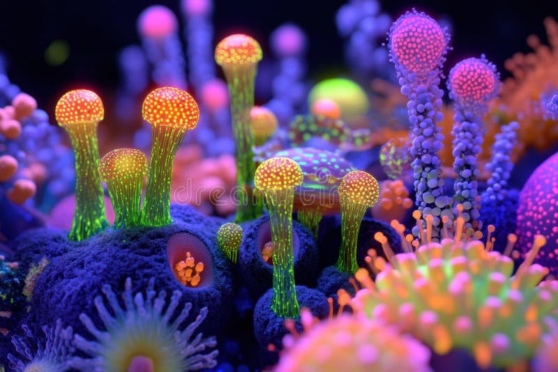 Vibrant Microscopic Landscape Showcasing Glowing Viruses in Intricate ...