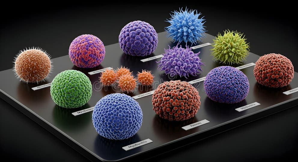 Colorful Microscopic Organisms Displayed on a Black Surface with Labels ...