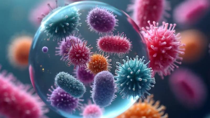 Colorful Microscopic Organisms Floating in Transparent Spherical ...