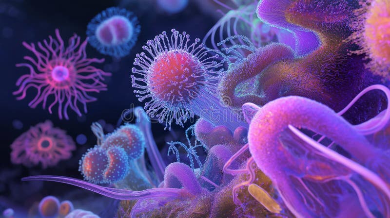 Colorful Microscopic Organisms in a Vibrant, Glowing Scientific ...