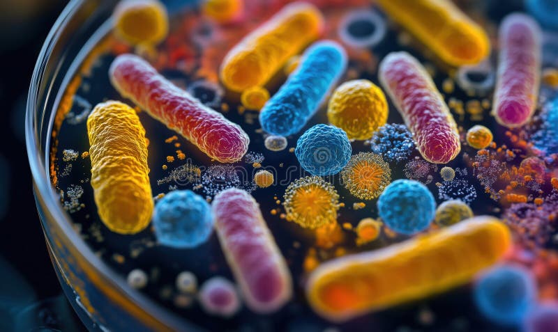Colorful Microscopic View of Bacteria and Microorganisms in Petri Dish ...