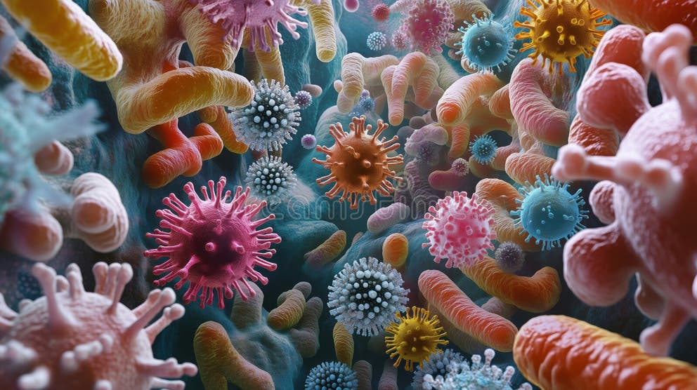 Colorful Microscopic View of Bacteria and Viruses in a Vibrant ...