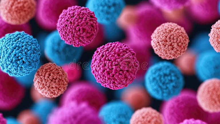Colorful Microscopic View of Spherical Cells on a Dark Background Stock ...