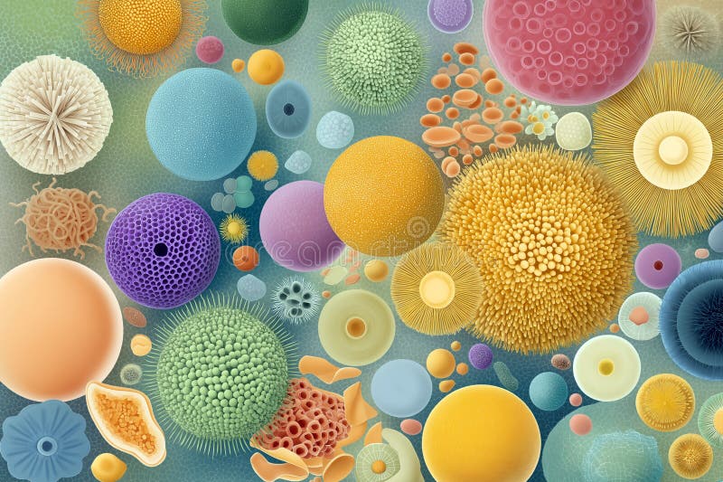 Colorful Microscopic View of Various Pollen Grains, Spores, and ...
