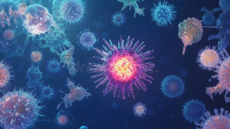 Colorful Microscopic View of Viruses and Bacteria in Blue Background ...