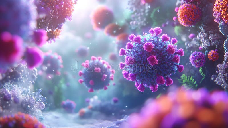 Colorful Microscopic View of Viruses Interacting in a Fluid Environment ...