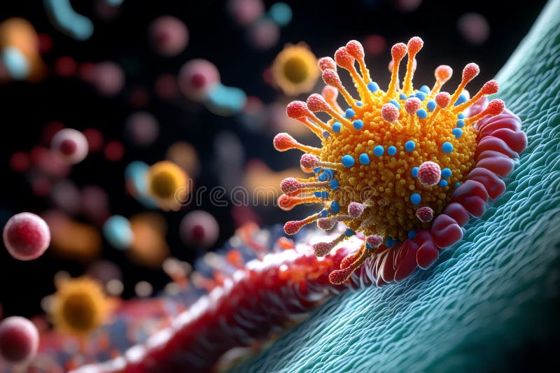 A Colorful Microscopic Virus with Spiky Surface Attacking a Cell. this ...