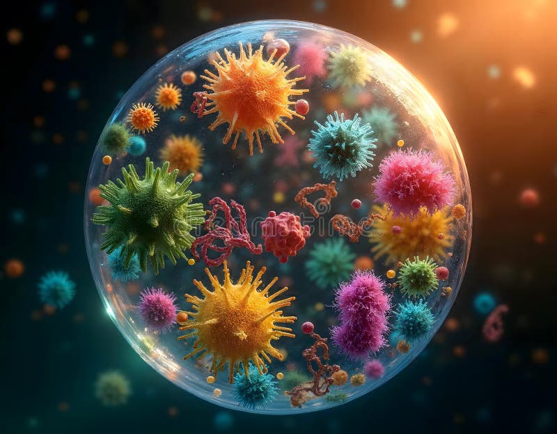 Colorful Microscopic Viruses and Bacteria Inside Protective Bubble ...