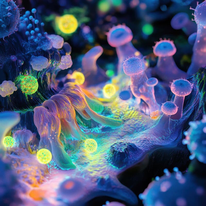 Vibrant Microscopic Landscape Showcasing Glowing Viruses Interacting in ...