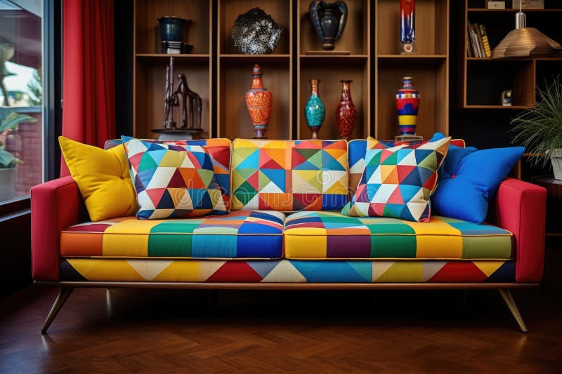 A Colorful Mid-century Modern Sofa with Geometric Patterned Pillows ...