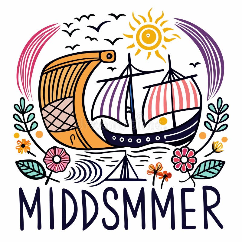Colorful MidSummer Illustration with a Ship and Floral Elements Stock ...