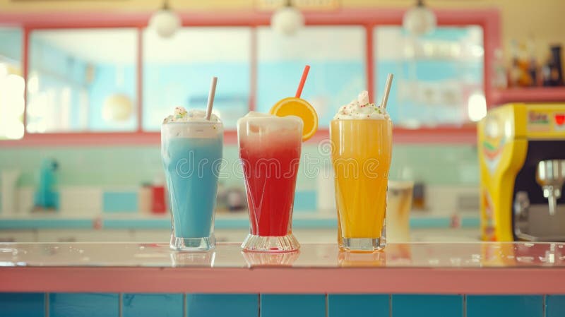 Colorful Milkshakes in Retro Diner Setting Stock Photo - Image of blue ...