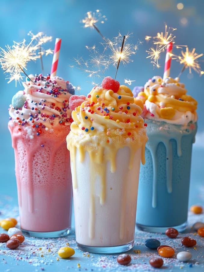 Colorful Milkshakes Topped with Cream and Sparklers. Stock Photo ...