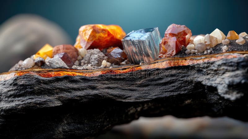 Colorful Minerals on Black Rock Surface with Crystals Stock Photo ...