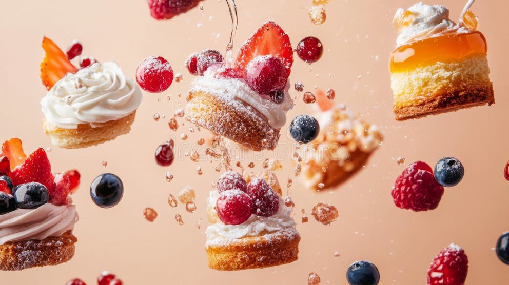 Colorful Mini Cakes with Berries in Air Stock Illustration ...