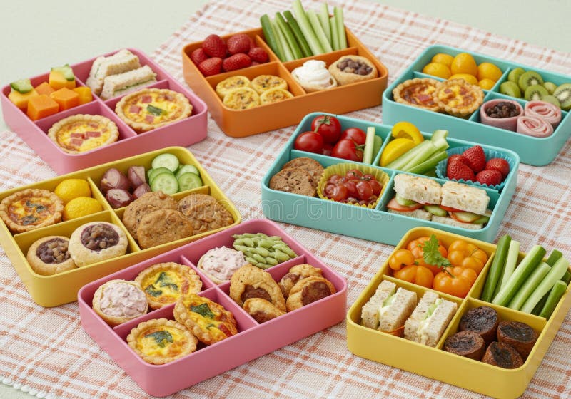 Colorful Mini Food Boxes with Healthy Snacks and Fruit Stock ...