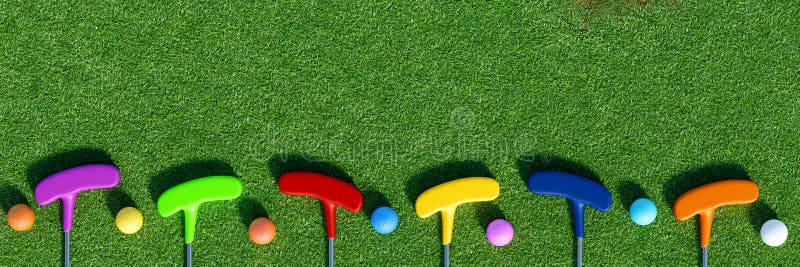 Colorful Mini Golf Balls and Clubs on Green Grass Stock Illustration ...
