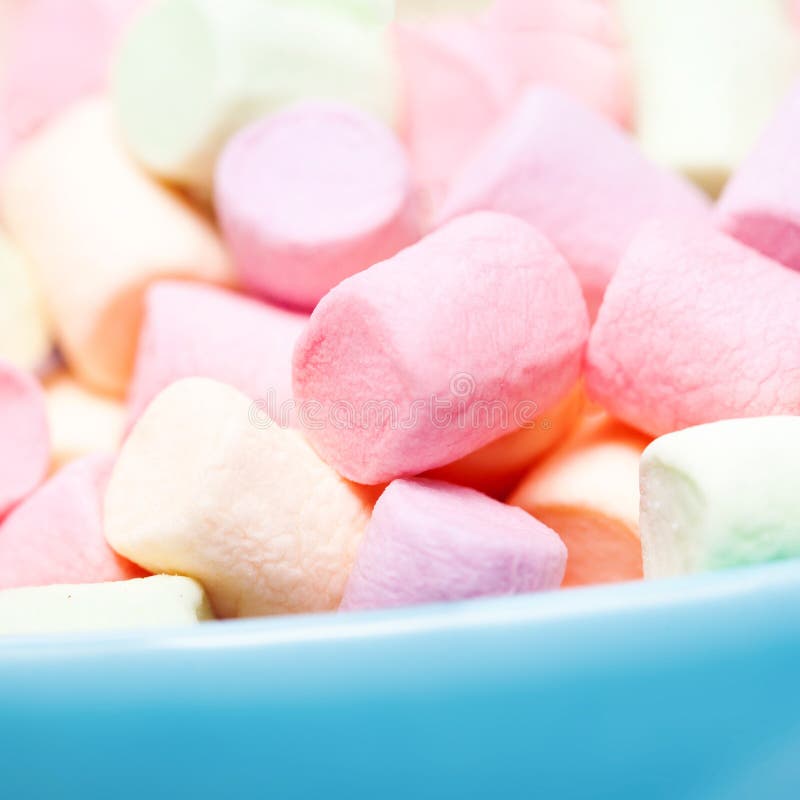 Colorful Mini Marshmallows in a Blue Bowl As Background, Macro. Stock ...