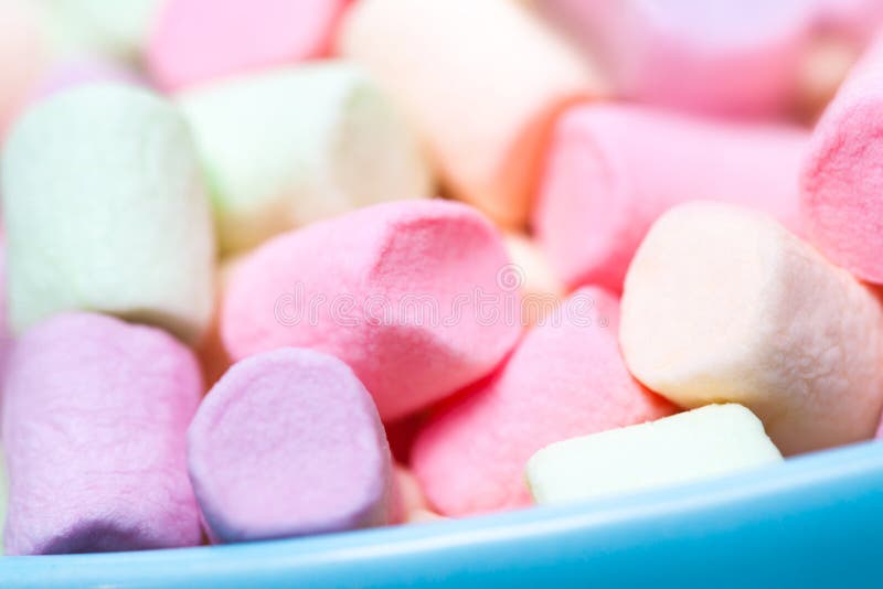Colorful Mini Marshmallows in a Blue Bowl As Background, Macro. Stock ...