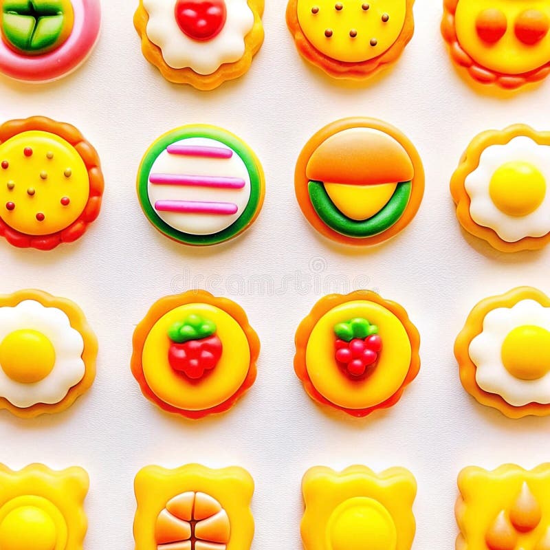 Colorful Miniature Food-shaped Cookies Arranged in Grid Pattern Stock ...