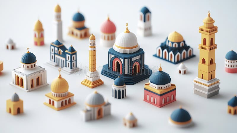 Colorful Miniature Islamic Architecture Models on White Background ...