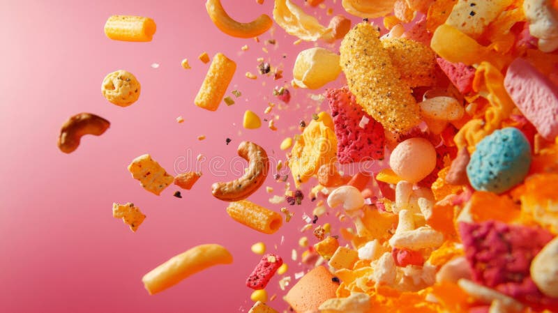 Colorful Mix of Crispy Snacks on Pink Background Stock Illustration ...