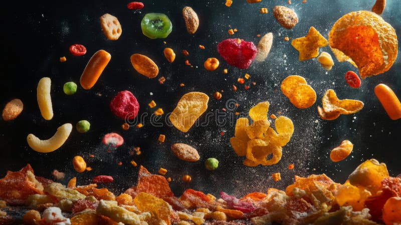 Colorful Mix of Flying Snacks Against Dark Background Stock ...