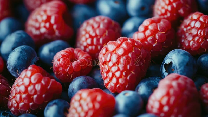 A Colorful Mix of Fresh Raspberries and Blueberries on a Plate Stock ...