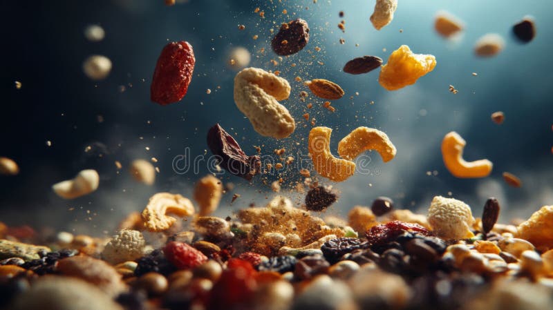 Colorful Mix of Nuts and Dried Fruit Falling on Dark Background Stock ...